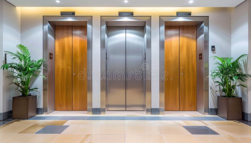 Three Elevators with Wooden Doors are Aligned in a Hallway Stock Image ...
