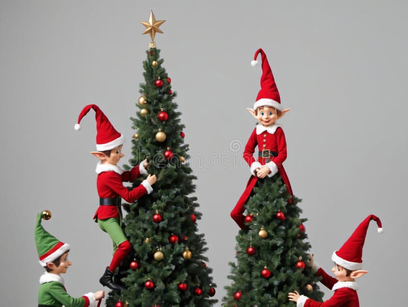 Three Elves Decorating a Christmas Tree. Generative AI Stock ...