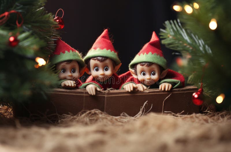 Christmas Elves Peeking Out from Under Tree Stock Illustration ...