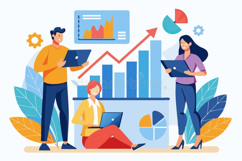 Three Employees Collaborate on Growth Charts Using Tablets while ...