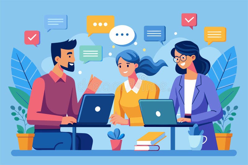 Three Employees are Collaborating Around Laptops, Discussing Ideas and Sharing Insights in a ...