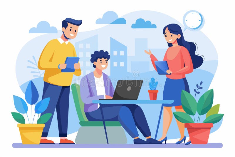 Three Employees Engage in a Discussion while Using Devices in a Modern ...