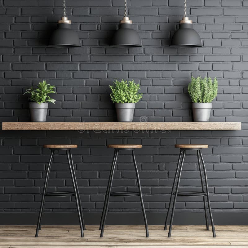 Three Empty Bar Stools in Front of a Black Brick Wall Counter with ...