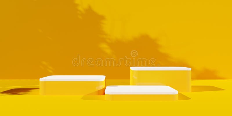 Three Empty, Blank, Rounded Square Podium or Dais in Yellow Room ...