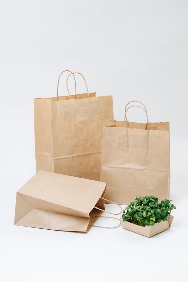 Three Empty Brown Paper Bags and Paper Plant Bed Over White Background ...