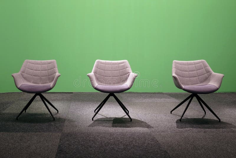 Three Empty Chairs in a Studio with Green Screen Stock Photo - Image of ...