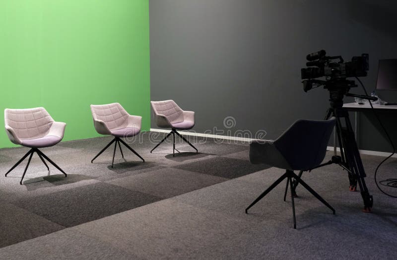 Three Empty Chairs in a Studio with Green Screen Stock Photo - Image of ...
