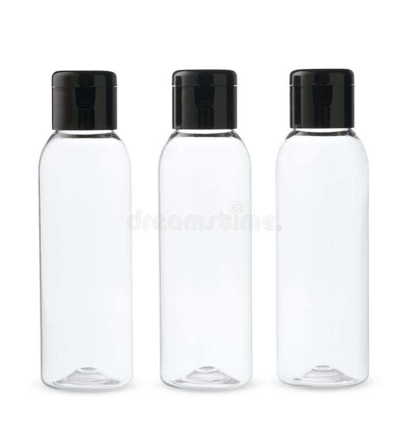 Three Clear Plastic Bottles with Black Caps on a White Background Stock ...