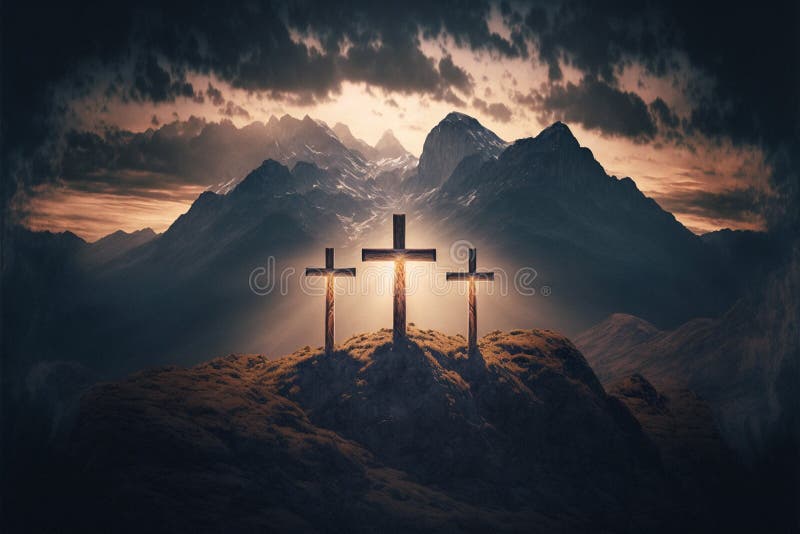 Three Empty Crosses on Hilltop in the Mountains, Evening Sunlight Stock ...