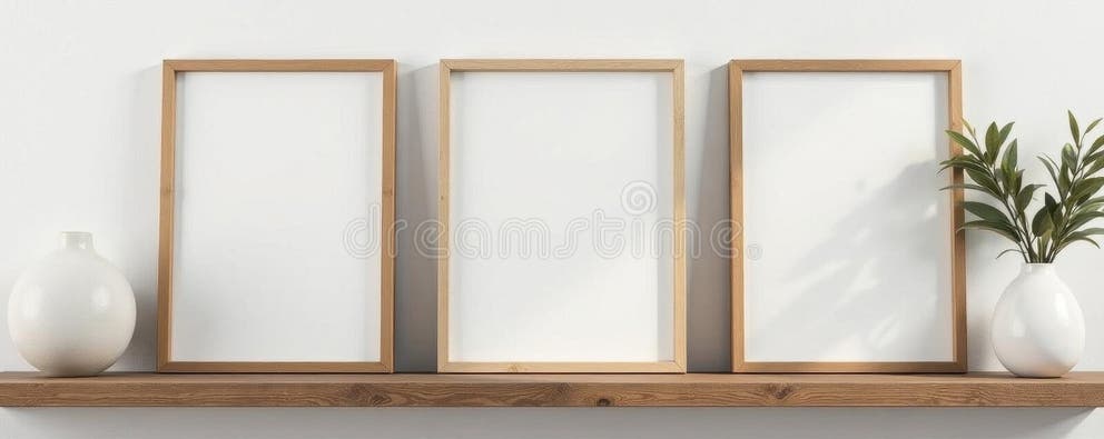 Three Empty Frames Above a Rustic Shelf with Minimalist Decor ...