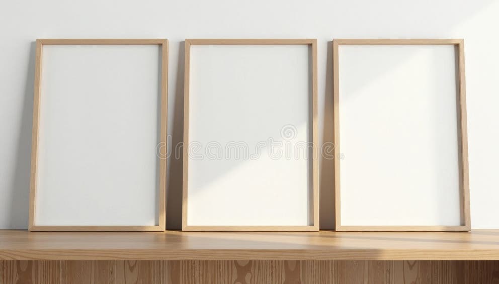 Three Empty Frames Above Wooden Shelf; Minimalist Decor, Minimalist ...
