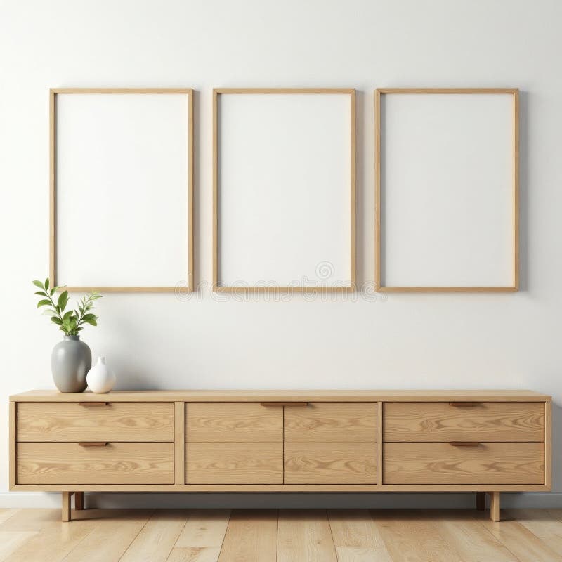 Three Empty Frames Above Wooden Shelf, Minimalist Decor, Home Decor ...