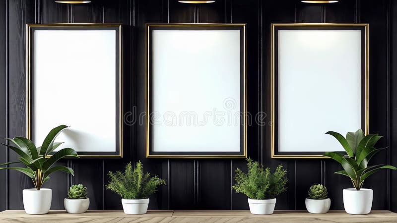 Three Empty Frames Displayed on a Black Wooden Wall with Decorative ...