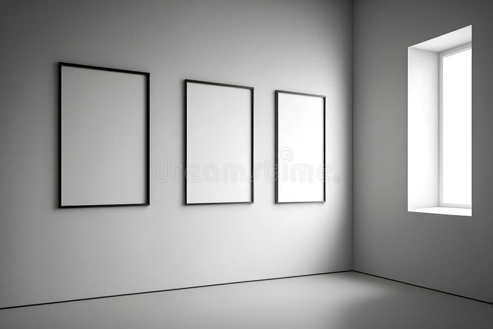 Three Empty Frames on a Gray Wall in a Room with a Window Stock ...