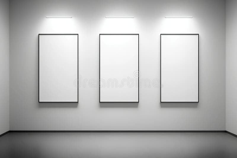 Three Empty Frames Hanging on a Wall in a Room with a Floor Lamp Stock ...