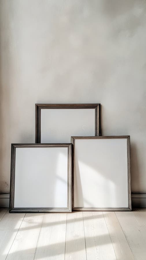 Three Empty Frames Leaning Against a Textured Wall, Minimalist Interior ...