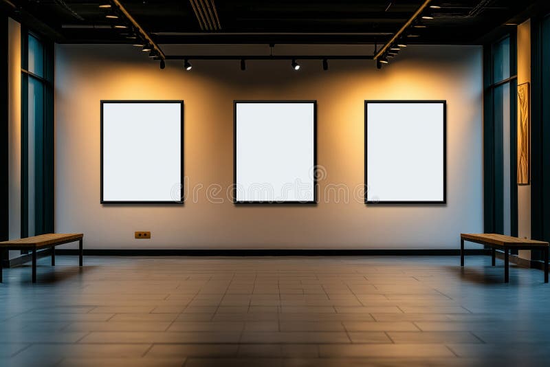 Three Empty Frames in Modern Gallery Space, Showcasing Minimalism and ...
