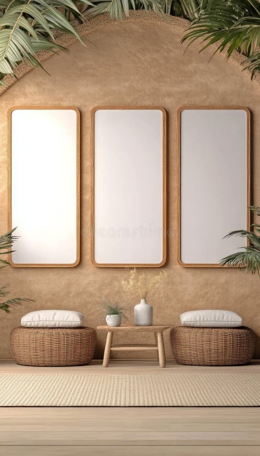 Three Empty Frames, Wicker Seating, Tropical Indoor Scene. Minimalist ...
