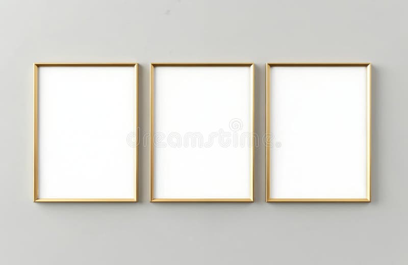 Three Empty Gold Picture Frames Hang on Gray Wall. Modern Design ...