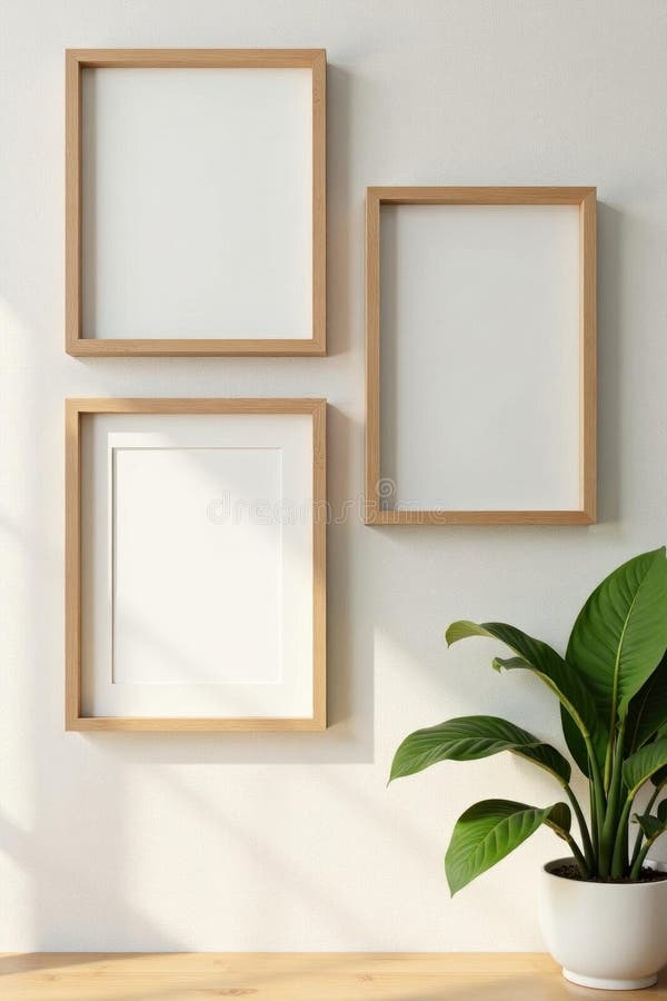 Three Empty Light Brown Wooden Picture Frames Hang on a Textured Wall ...