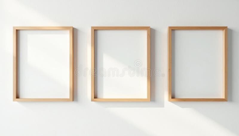 Three Empty Light Brown Wooden Picture Frames Hang on a White Wall ...