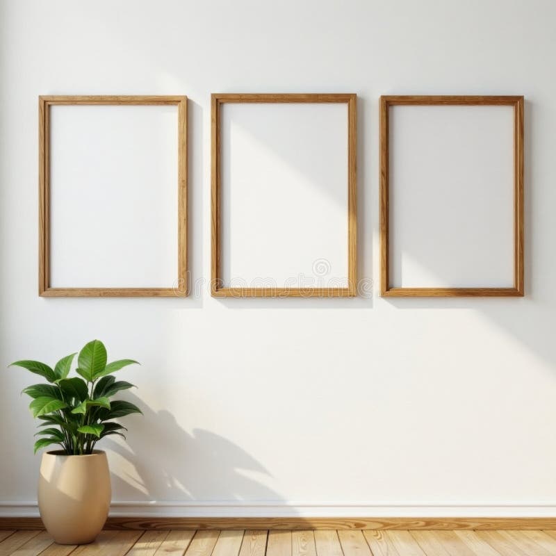 Three Empty Light Brown Wooden Picture Frames Hang on a White Wall ...