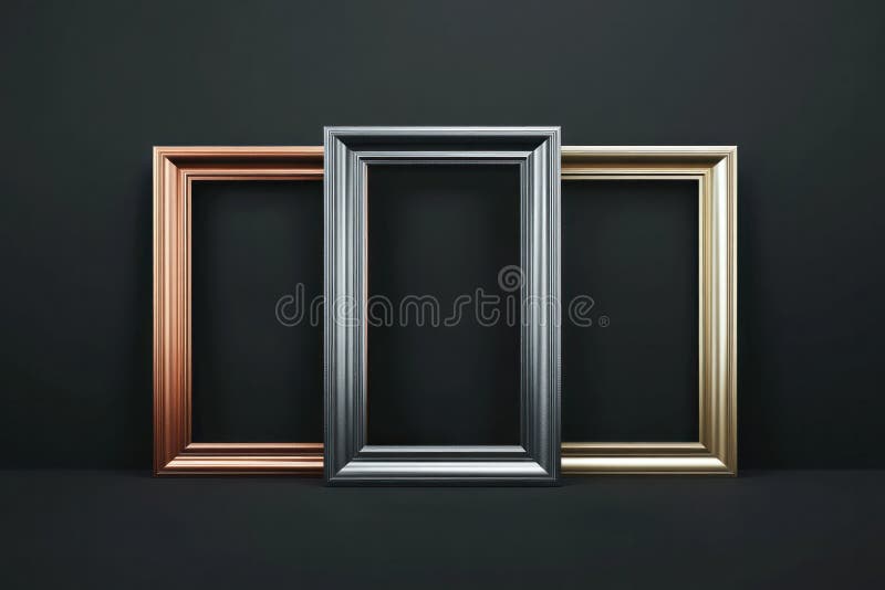 Three Empty Metallic Frames in Dark Silver and Copper on a Black ...