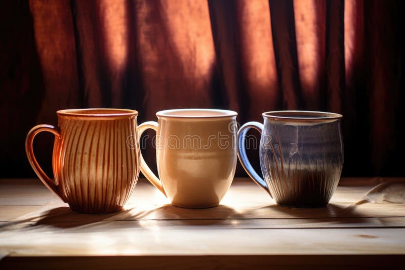 Three Empty Mugs in a Row, Large, Medium, Small on a Cozy Table Stock ...