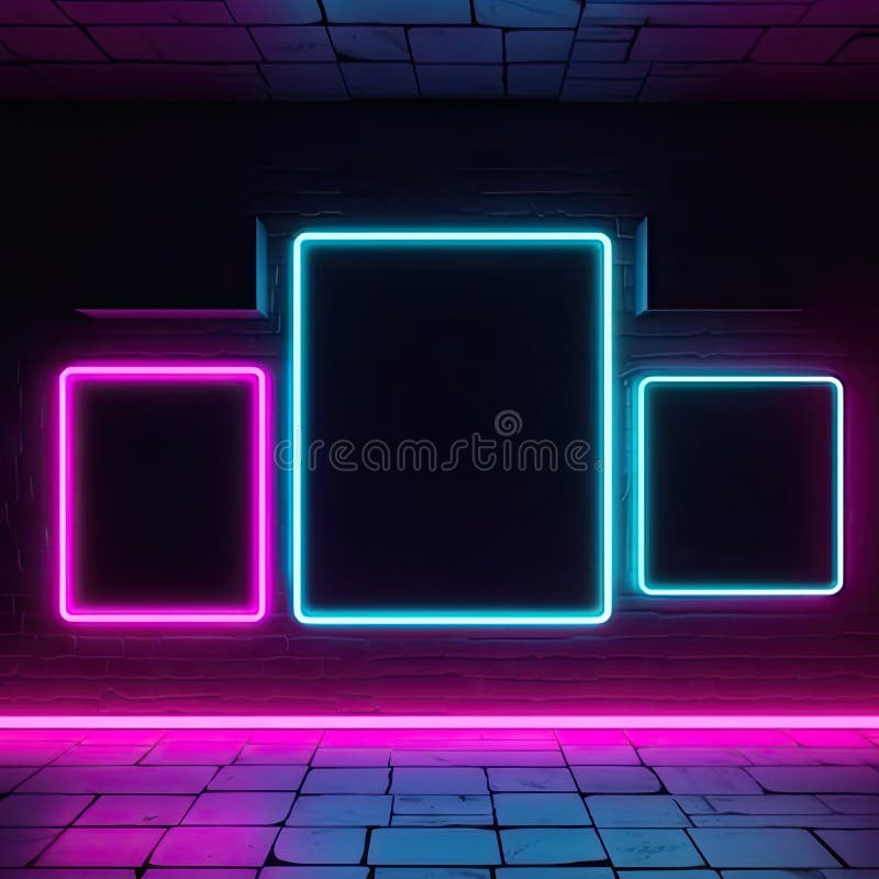 Three Empty Neon Light Frames with Black Blank Space for Mockup. Blue ...