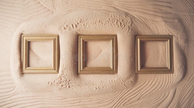 Three Empty Ornate Gold Frames Arranged on Textured Beige Sand ...