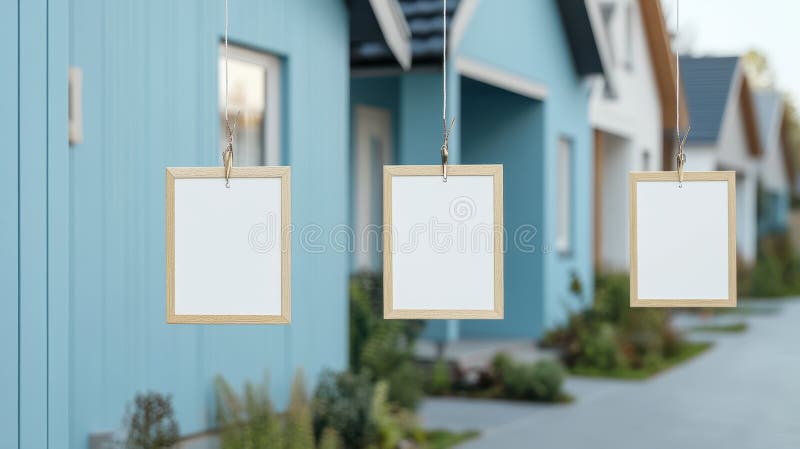 Three Empty Picture Frames Dangle from a Rope, Creating a Minimalist ...