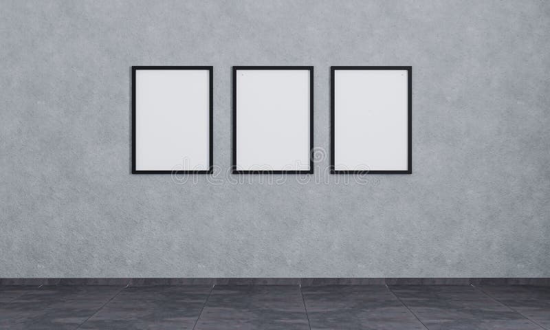 Three Empty Picture Frames on Grey Concrete Wall with Dark Tiling ...