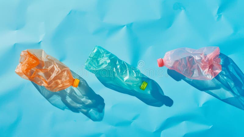 Three Empty Plastic Bottles on a Blue Surface Stock Photo - Image of ...