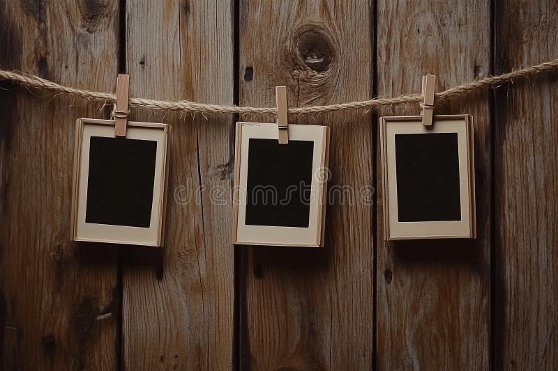 Three Empty Polaroid Frames Hanging on a Clothesline Against Wooden ...