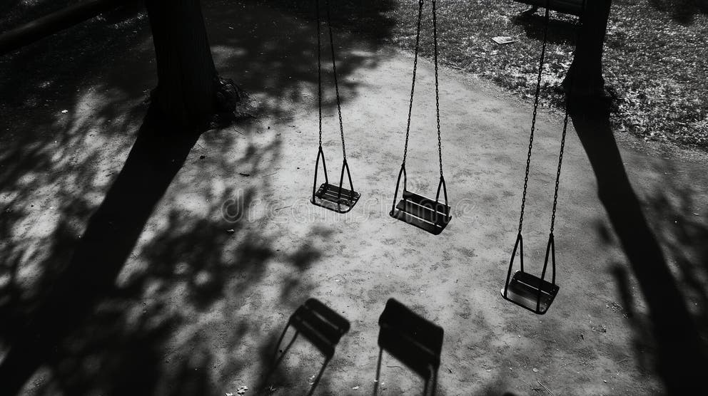 Three Empty Swings Hang in a Playground, Casting Distinct Shadows on ...
