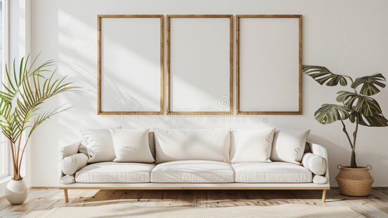Three Blank Vertical Picture Frames Hanging Over White Modern Sofa in ...