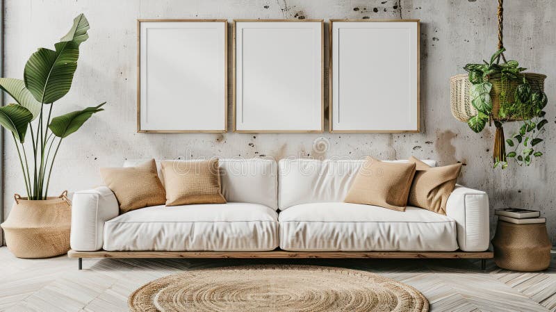 Three Blank Vertical Picture Frames Hanging Over White Modern Sofa in ...