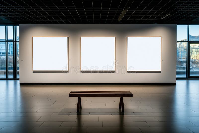 Three Empty White Frames on Modern Gallery Wall, Inviting Creativity and Reflection. Wooden ...