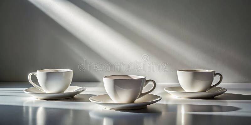 Three Empty White Porcelain Teacups on Saucers Bathed in Sunlight ...