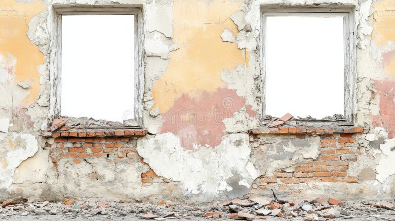 Three Empty Window Frames in a Crumbling Yellow and Orange Building ...