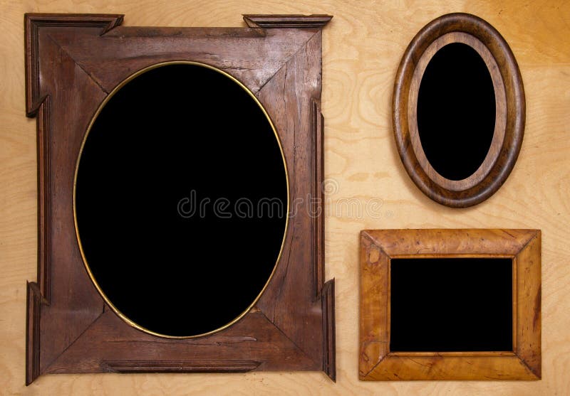 Empty Frames and Watch on Wooden Wall Stock Image - Image of plank ...