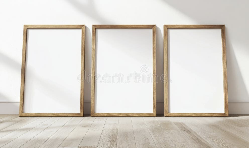 Three Empty Wooden Frames Against White Wall with Sunlight Shadows ...