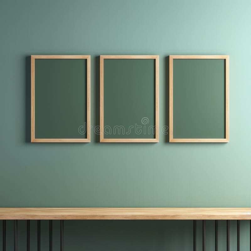 Three Empty Wooden Frames on Sage Green Wall Above Table Stock ...