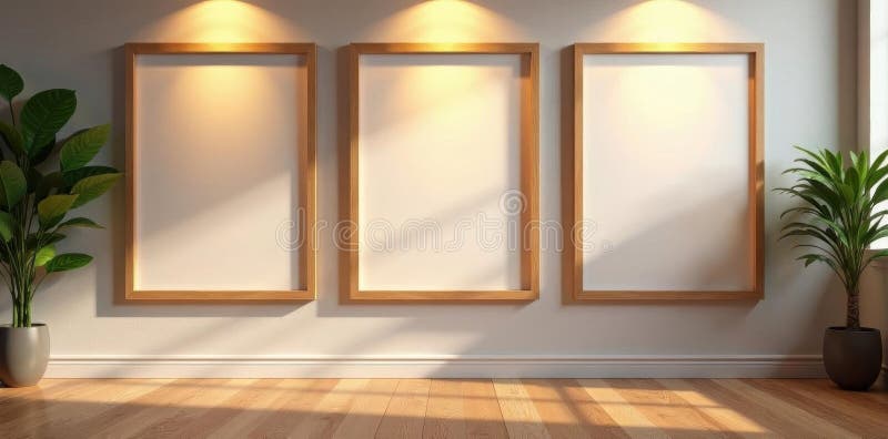 Three Empty Wooden Frames on a Warm Lit Wall, Hardwood Floor , House ...