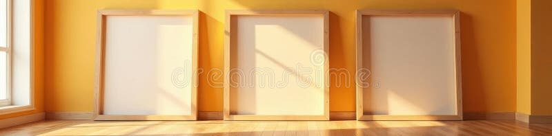 Three Empty Wooden Frames on a Warm Lit Wall, Hardwood Floor , Interior ...