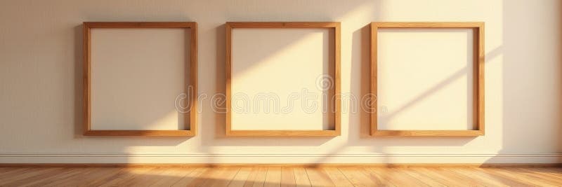 Three Empty Wooden Frames on a Warm Lit Wall, Hardwood Floor , Shadow ...