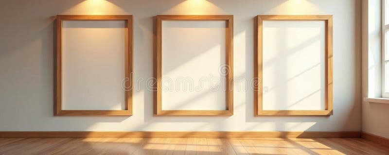 Three Empty Wooden Frames on a Warm Lit Wall, Hardwood Floor , Simple ...