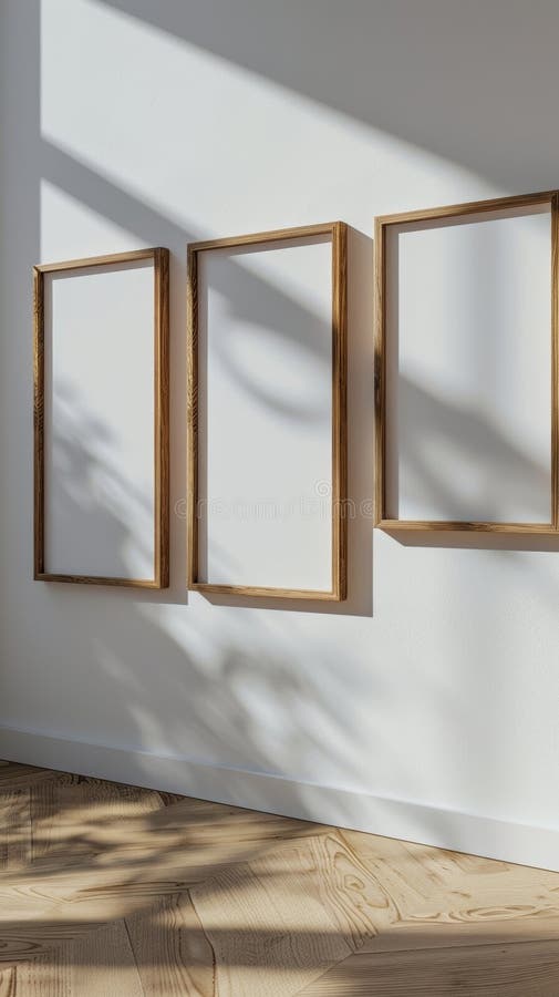 Three Empty Wooden Picture Frames on a White Wall with Sunlight and ...