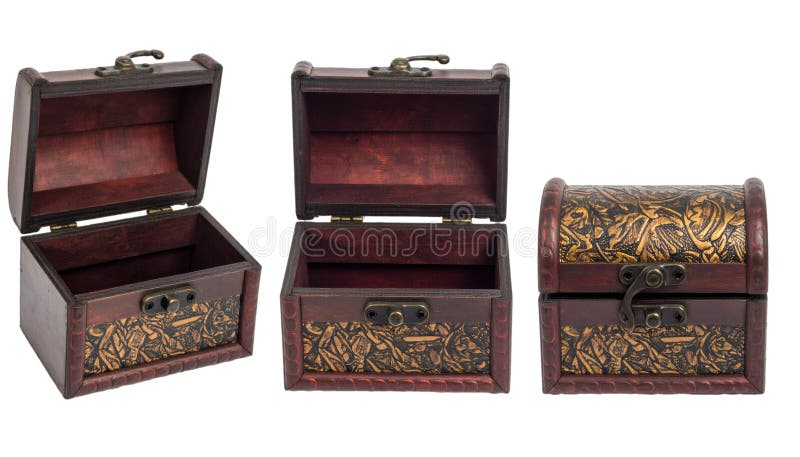 Three Empty Wooden Treasure Chests from Different Angles, Isolated on ...