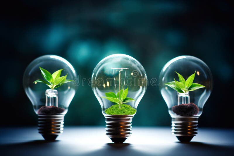 Three Energy Bulbs Light with Plants Inside. Green Energy Concept Stock ...
